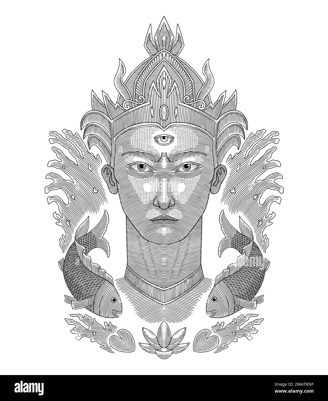 King with a crown , spread water and fish. Pisces zodiac symbol ...