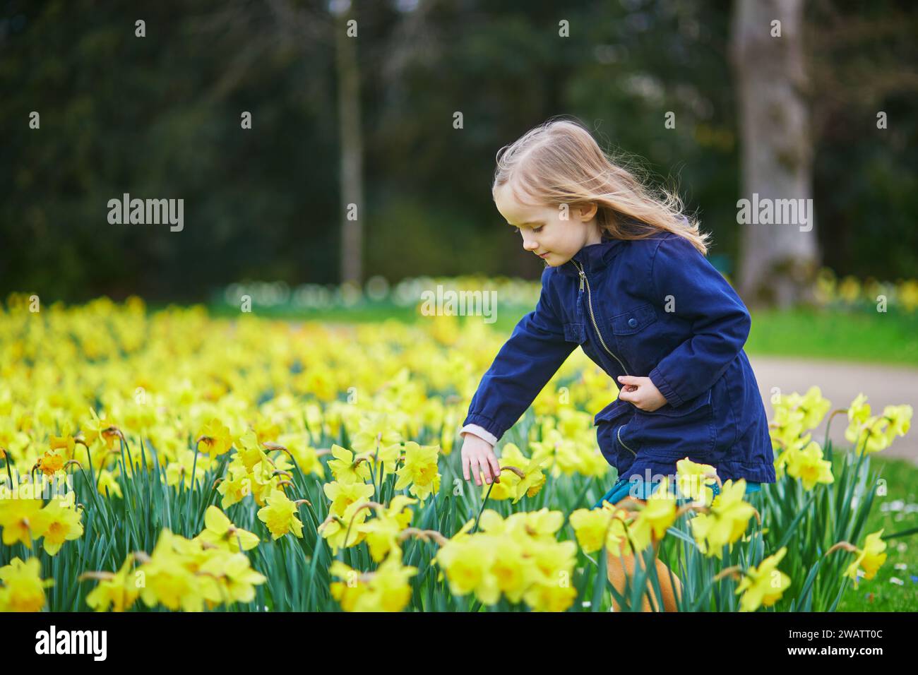 Adorable preschooler girl enjoying nice spring day in park during ...