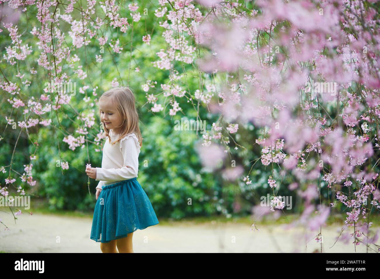 Adorable preschooler girl enjoying nice spring day in park during ...