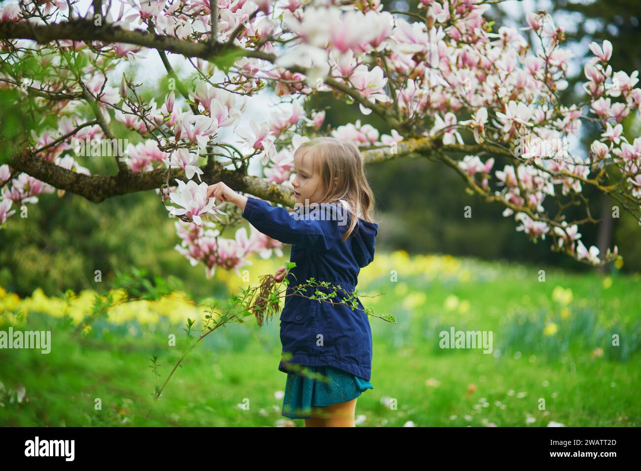 Adorable preschooler girl enjoying nice spring day in park during ...