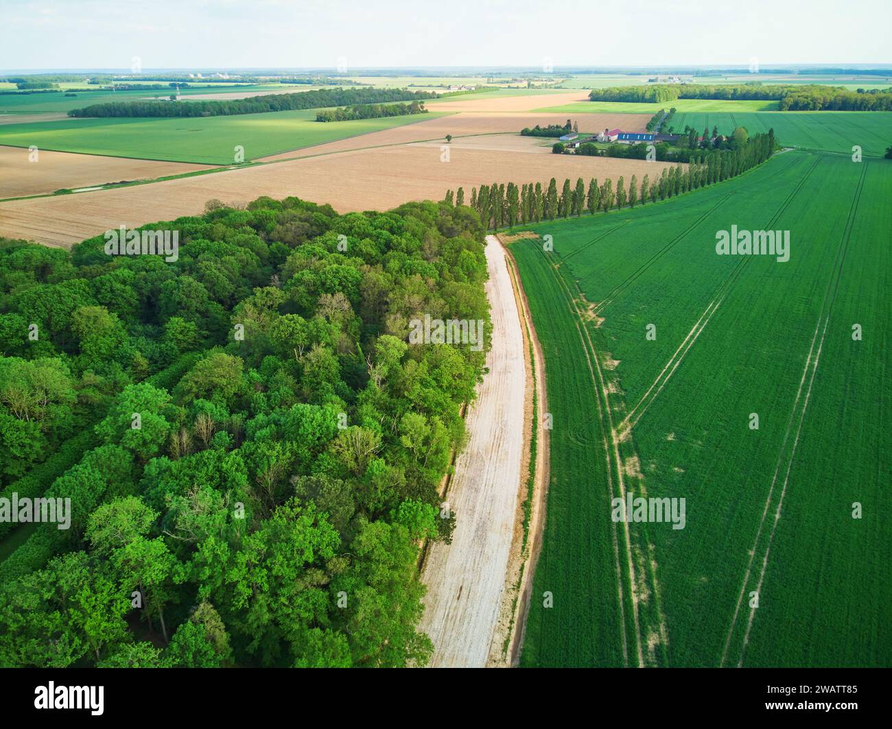 Aerial drone view of green fields and meadows in Yveliness,, near Paris ...