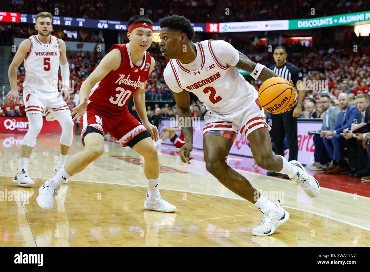 Madison, WI, USA. 6th Jan, 2024. Wisconsin Badgers guard AJ Storr (2) drives to the basket as ...