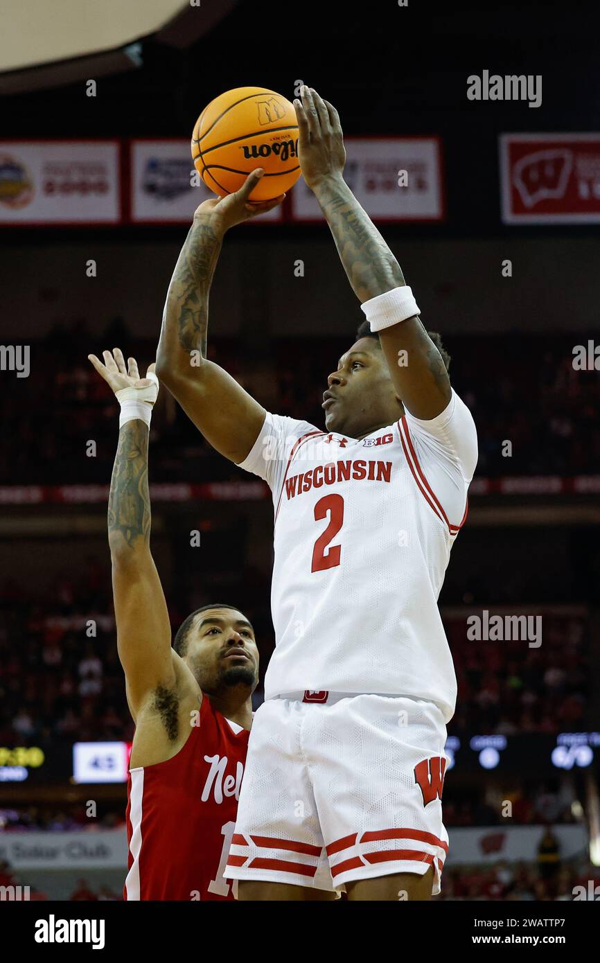 Madison, WI, USA. 6th Jan, 2024. Wisconsin Badgers guard AJ Storr (2) takes a jump shot during ...