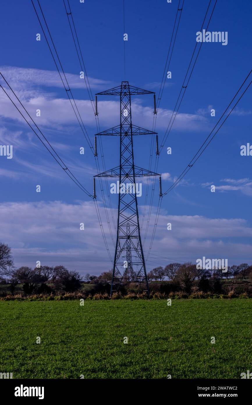 The countryside as seen under an electricity pylon Stock Photo - Alamy