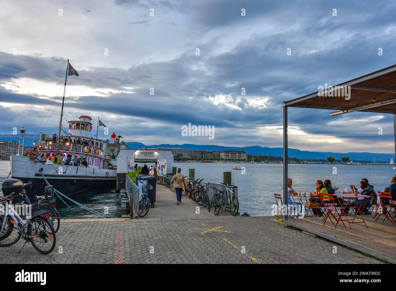 Geneva, Switzerland 8 September 2023: Evening lakeside view by Rhone ...