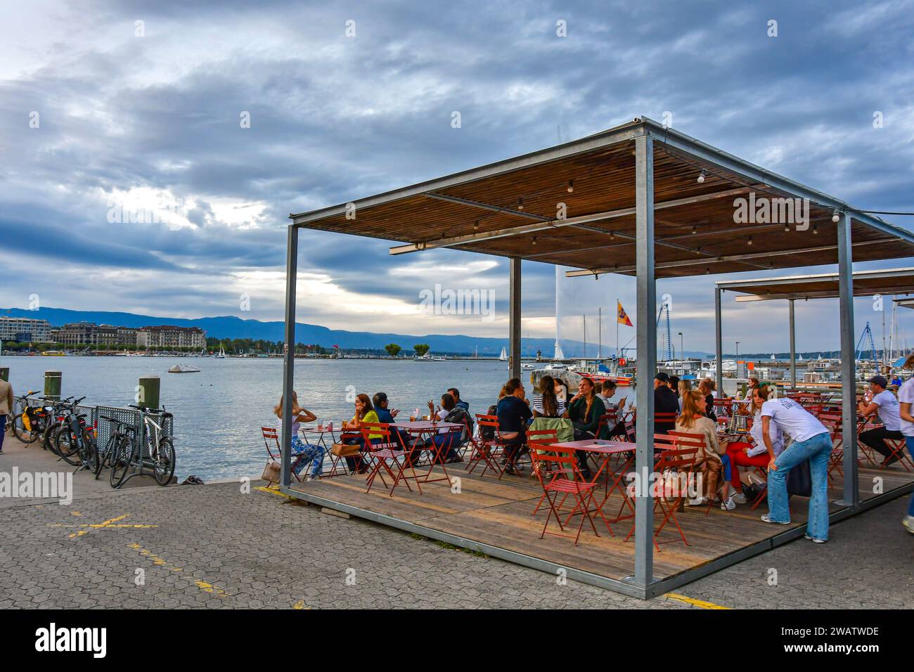 Geneva, Switzerland 8 September 2023: Evening lakeside view by Rhone ...