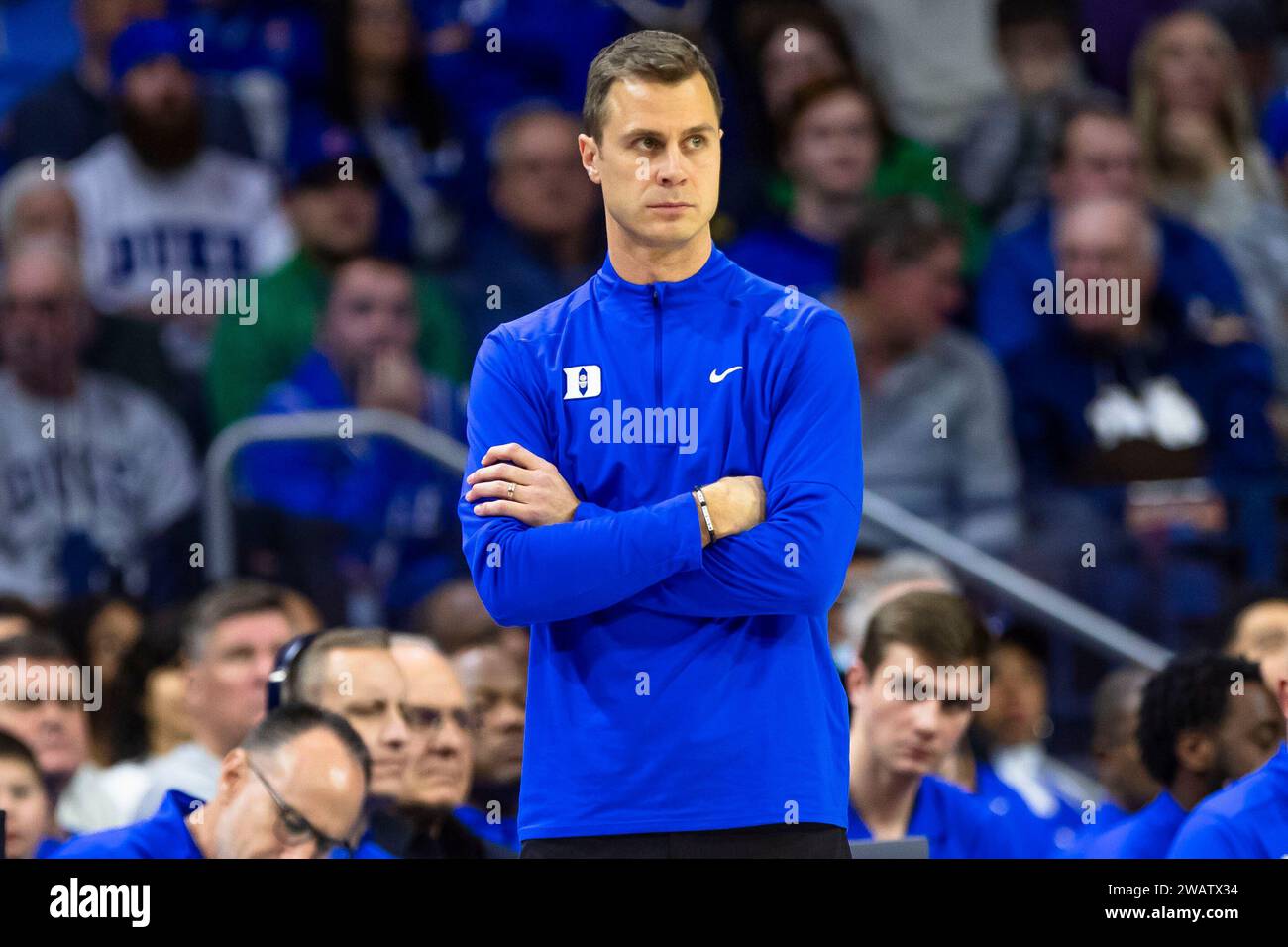 Duke coach Jon Scheyer watches from the sideline during the first half ...