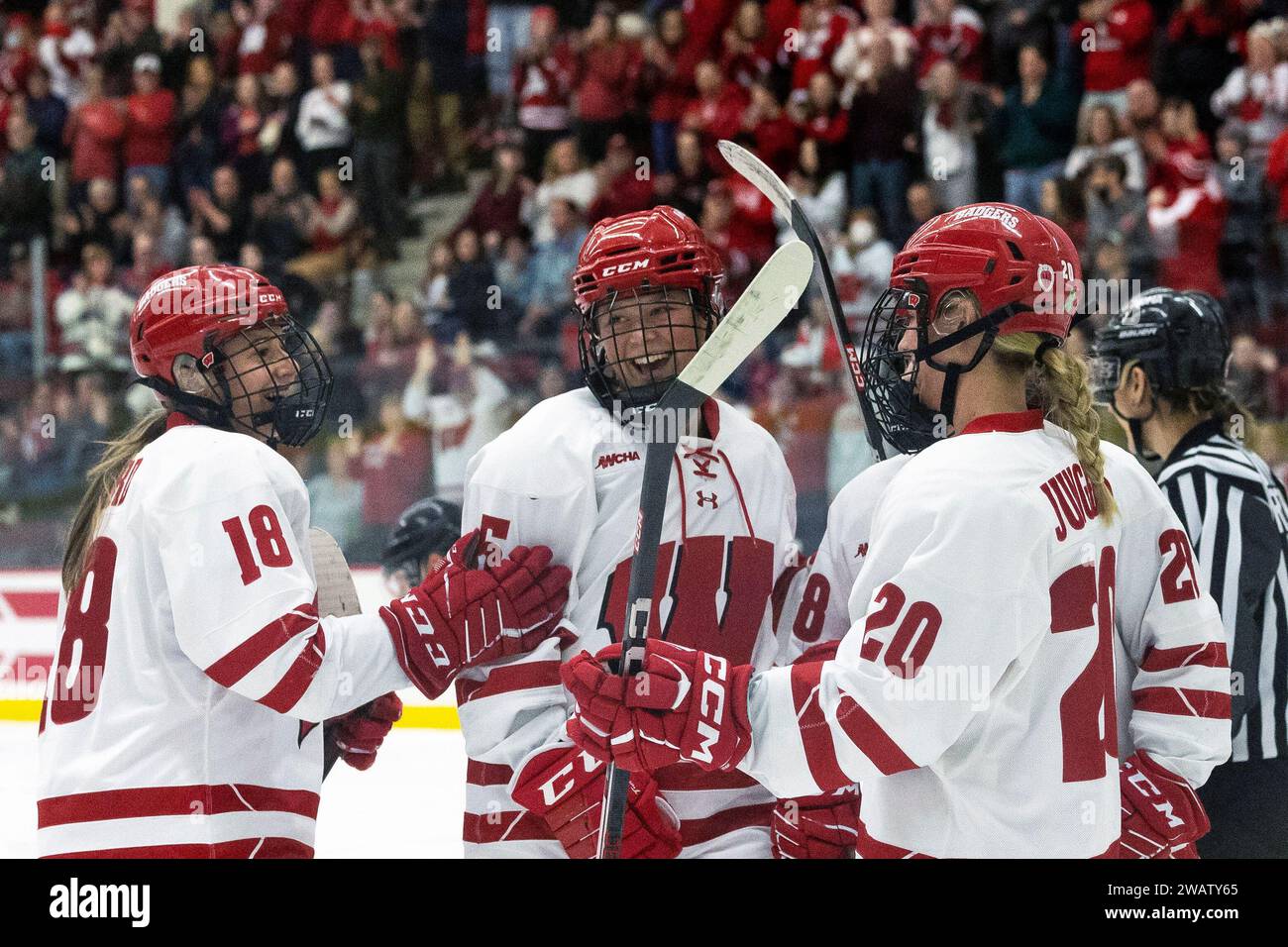 Wisconsin forward Marianne Picard (18), defenseman Anna Wilgren (5), defenseman Vivian Jungels ...