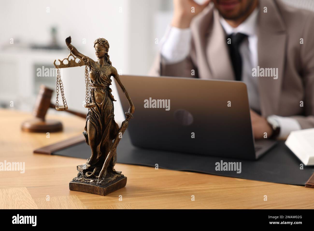 Lawyer working with laptop at table in office, focus on statue of Lady ...