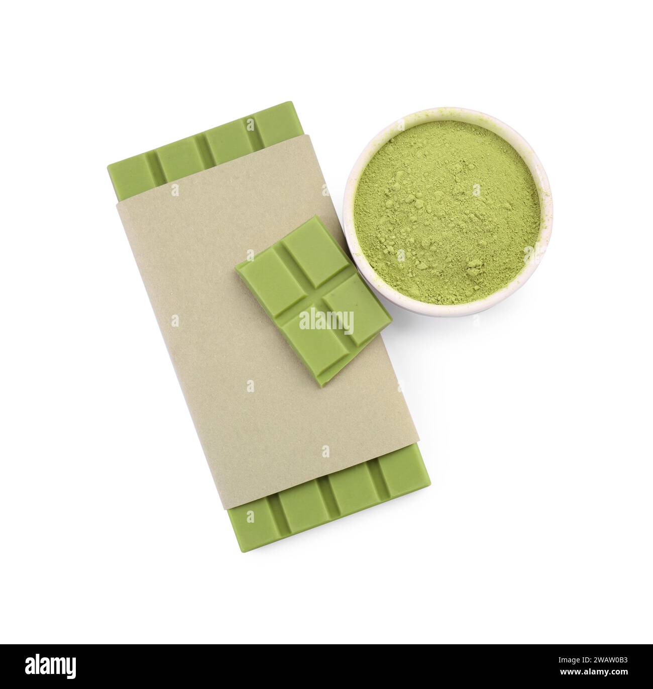 Tasty matcha chocolate bar and powder isolated on white, top view Stock ...