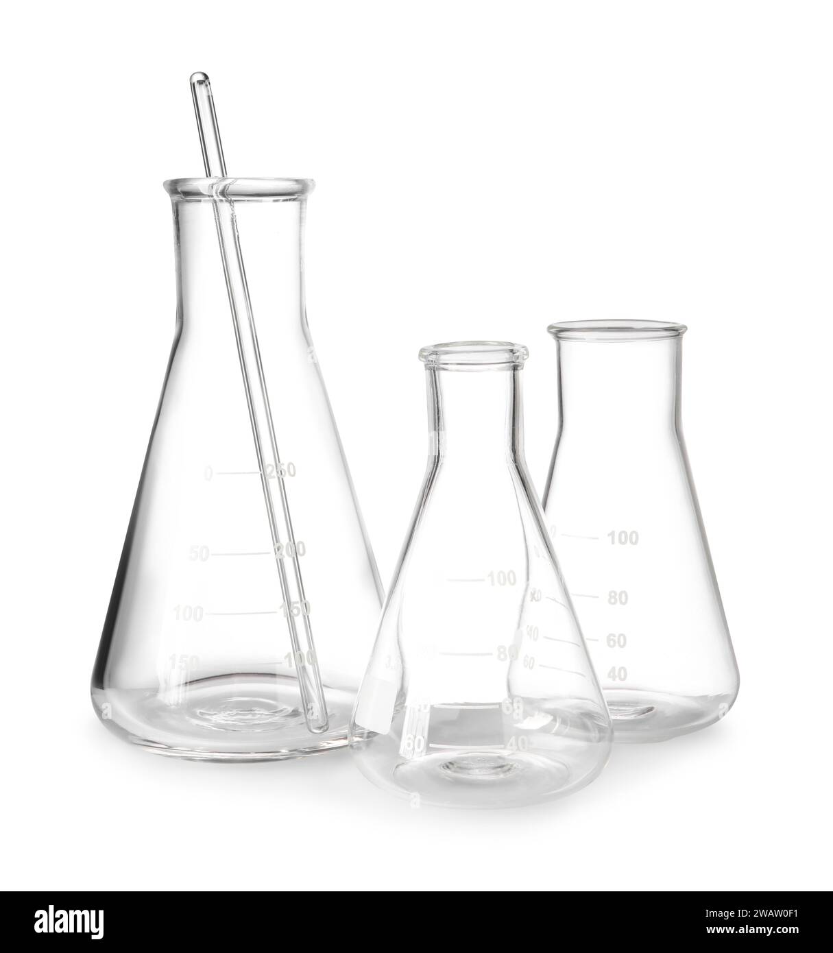 Empty laboratory flasks and stirring rod isolated on white Stock Photo ...