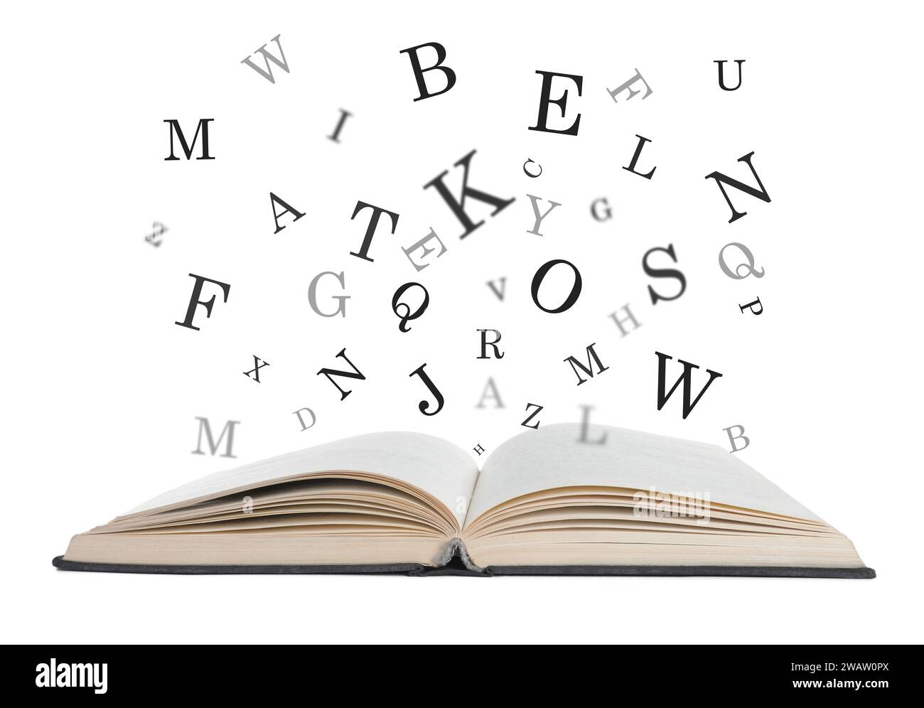 Open book with letters flying out of it on white background Stock Photo - Alamy