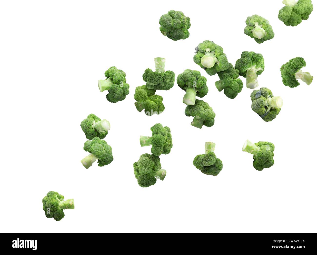 Fresh green broccoli falling on white background Stock Photo - Alamy