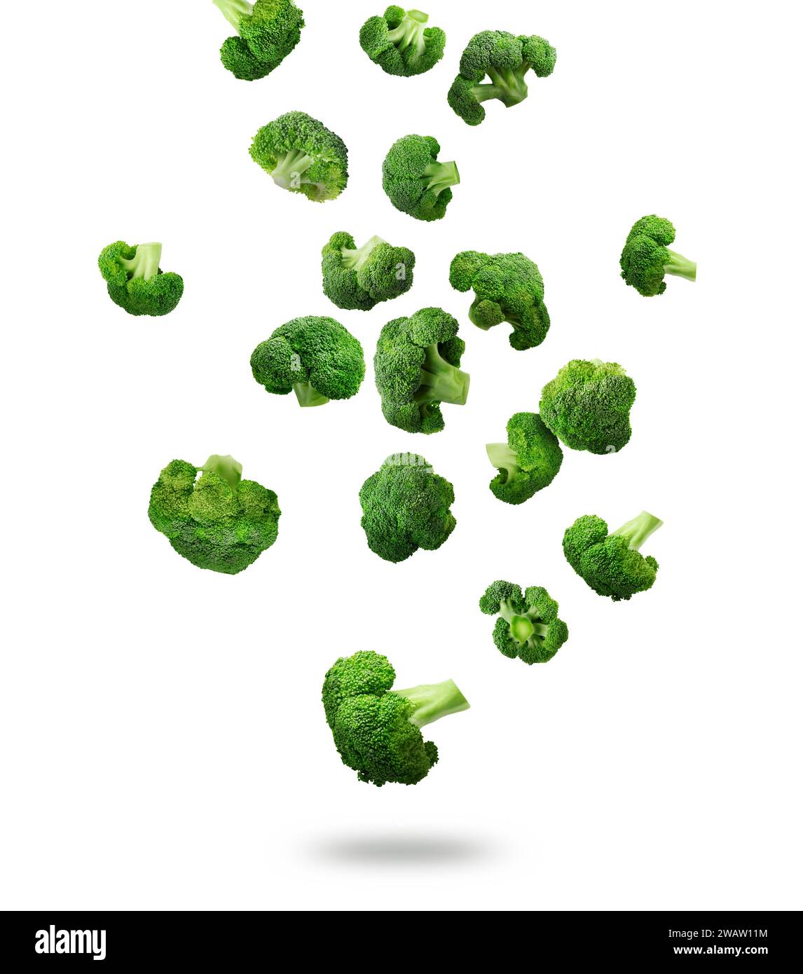Fresh green broccoli falling on white background Stock Photo - Alamy