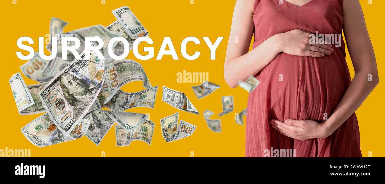 Surrogate mother and flying money on orange background, closeup. Banner ...