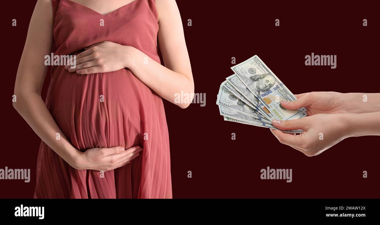 Surrogacy. Intended mother with money and pregnant woman on dark red ...