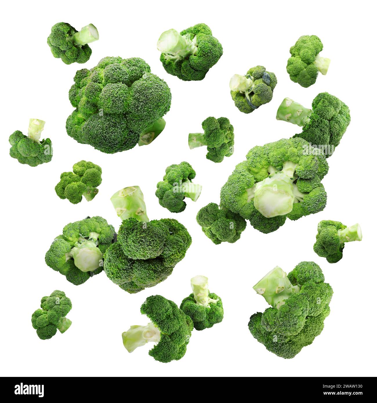 Fresh green broccoli falling on white background Stock Photo - Alamy