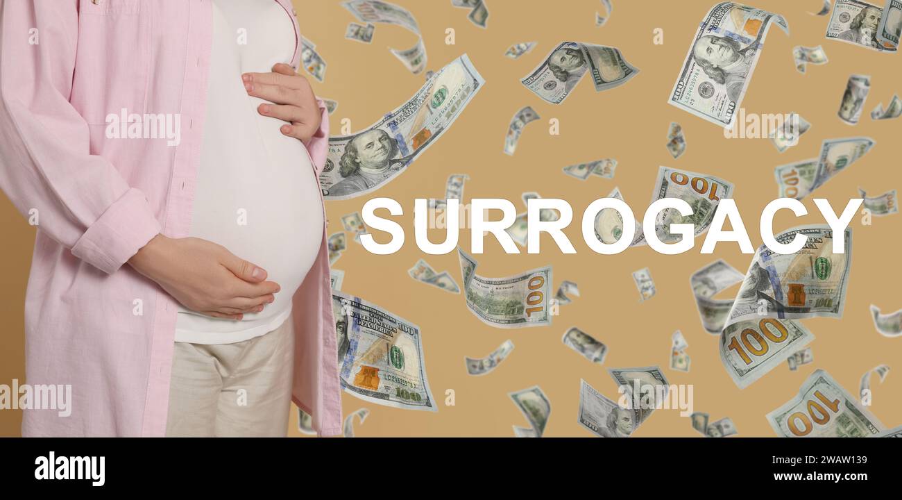 Surrogate mother under money shower on beige background, closeup ...