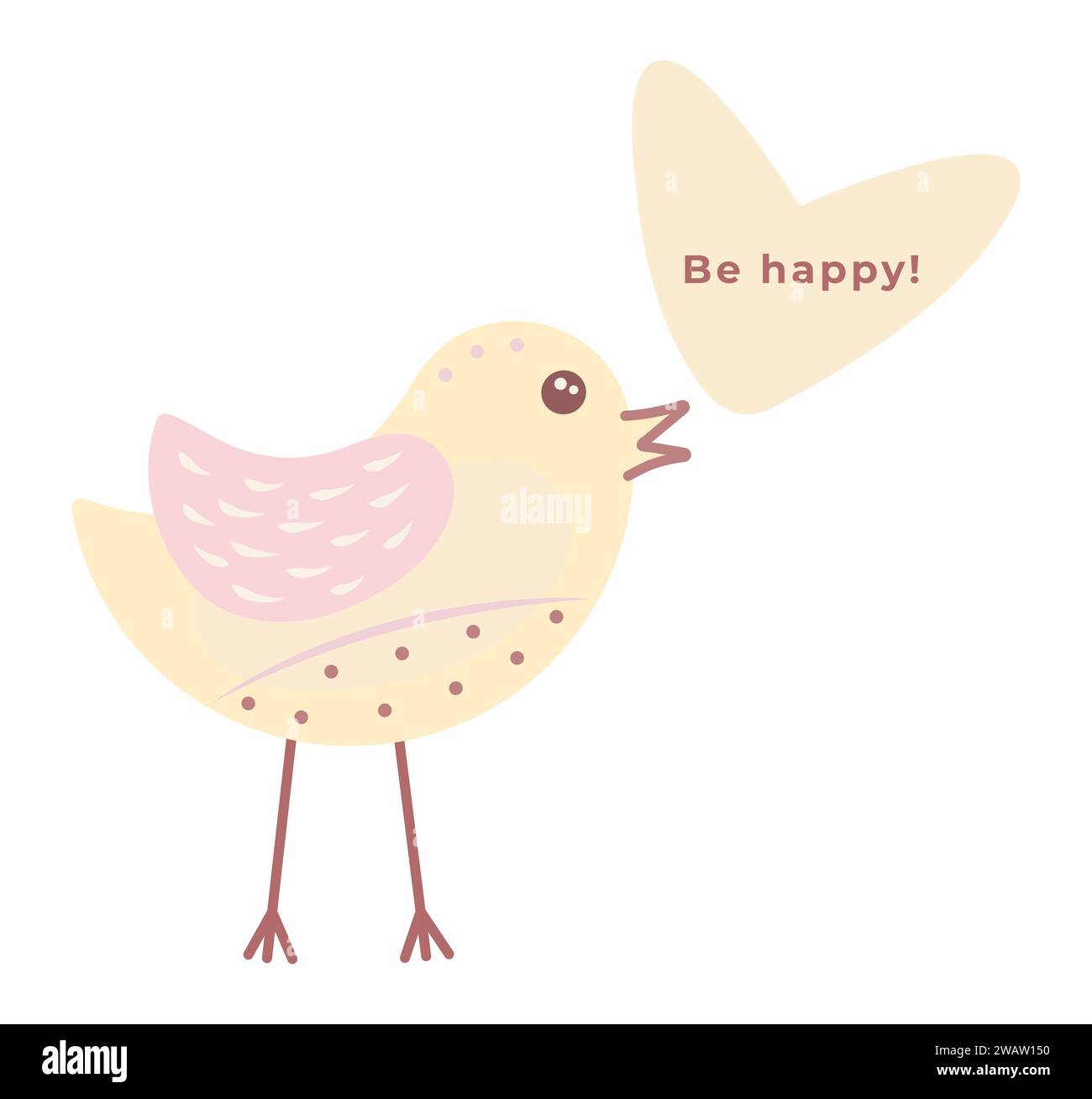 Cute bird with a heart shape and text there - Be happy. Color vector ...