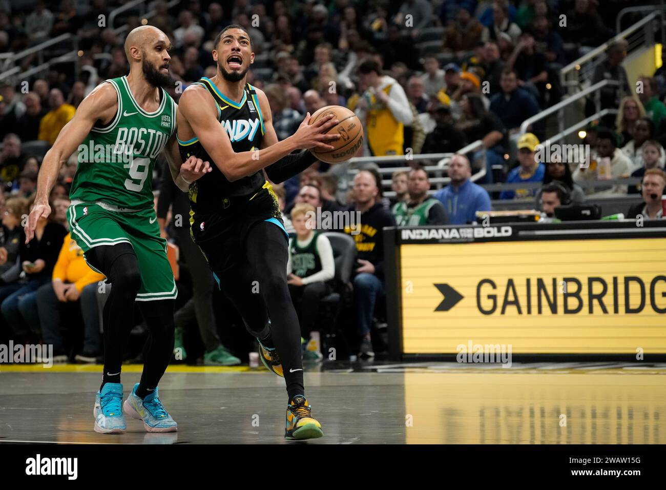 Indiana Pacers guard Tyrese Haliburton , right, drives around Boston ...