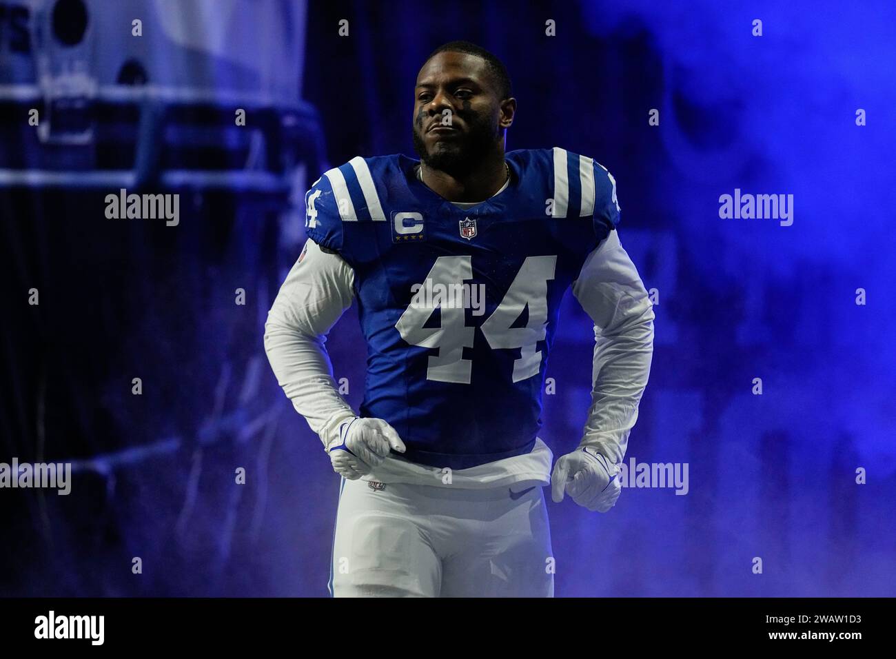 Indianapolis Colts linebacker Zaire Franklin (44) is introduced before an NFL football game ...