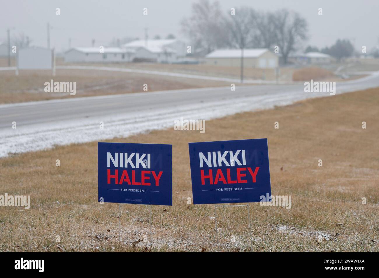USA. 06th Jan, 2024. Campaign signs for Nikki Haley in Iowa leading up ...