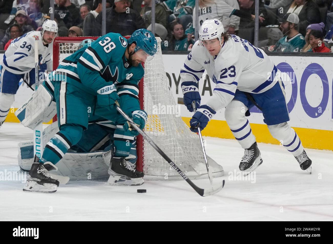 San Jose Sharks defenseman Mario Ferraro (38) defends against a shot by ...