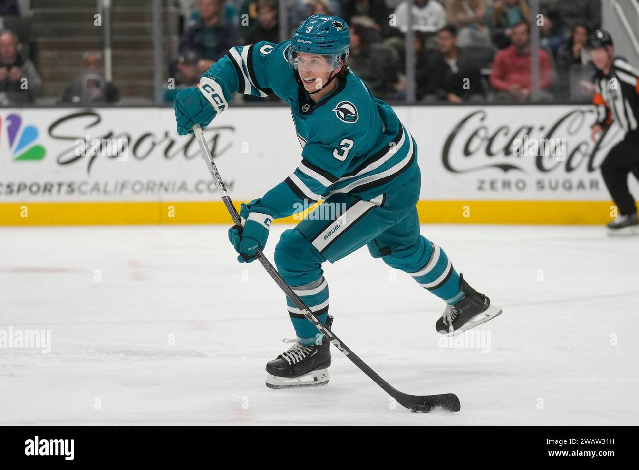 San Jose Sharks defenseman Henry Thrun (3) passes the puck during the ...