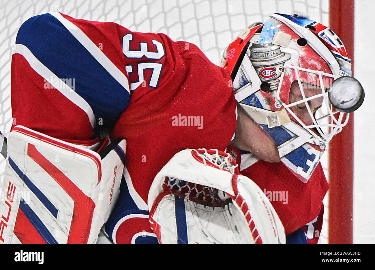 Montreal Canadiens goaltender Sam Montembeault makes a save against the ...
