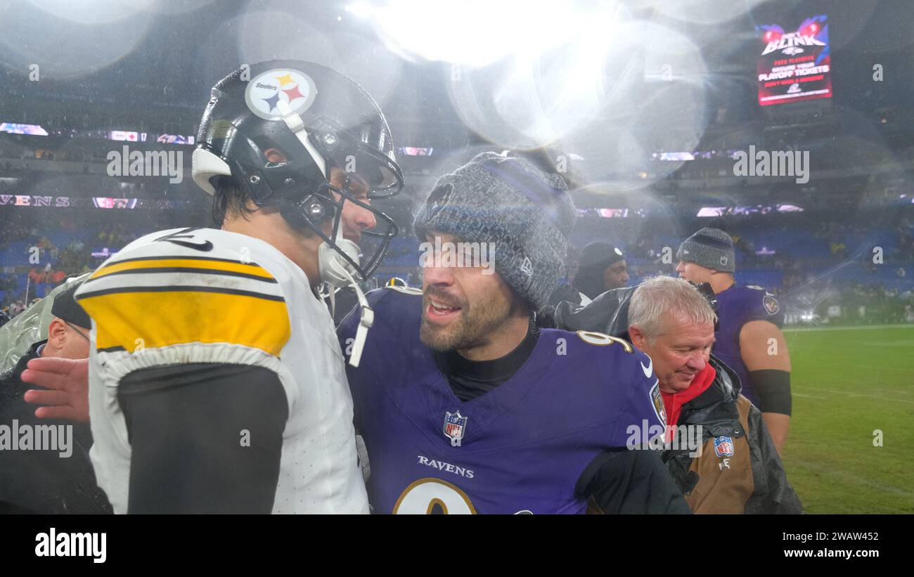 Baltimore, MD, USA. 06th Jan, 2024. Mason Rudolph #2 and Justin Tucker ...