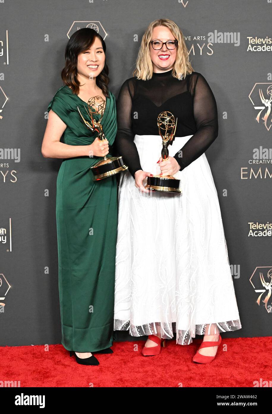 Charlene Lee, left, and Claire Koonce with their Emmy for outstanding casting for a limited or ...