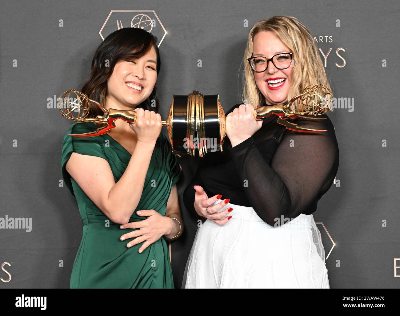 Charlene Lee, left, and Claire Koonce with their Emmy for outstanding casting for a limited or ...
