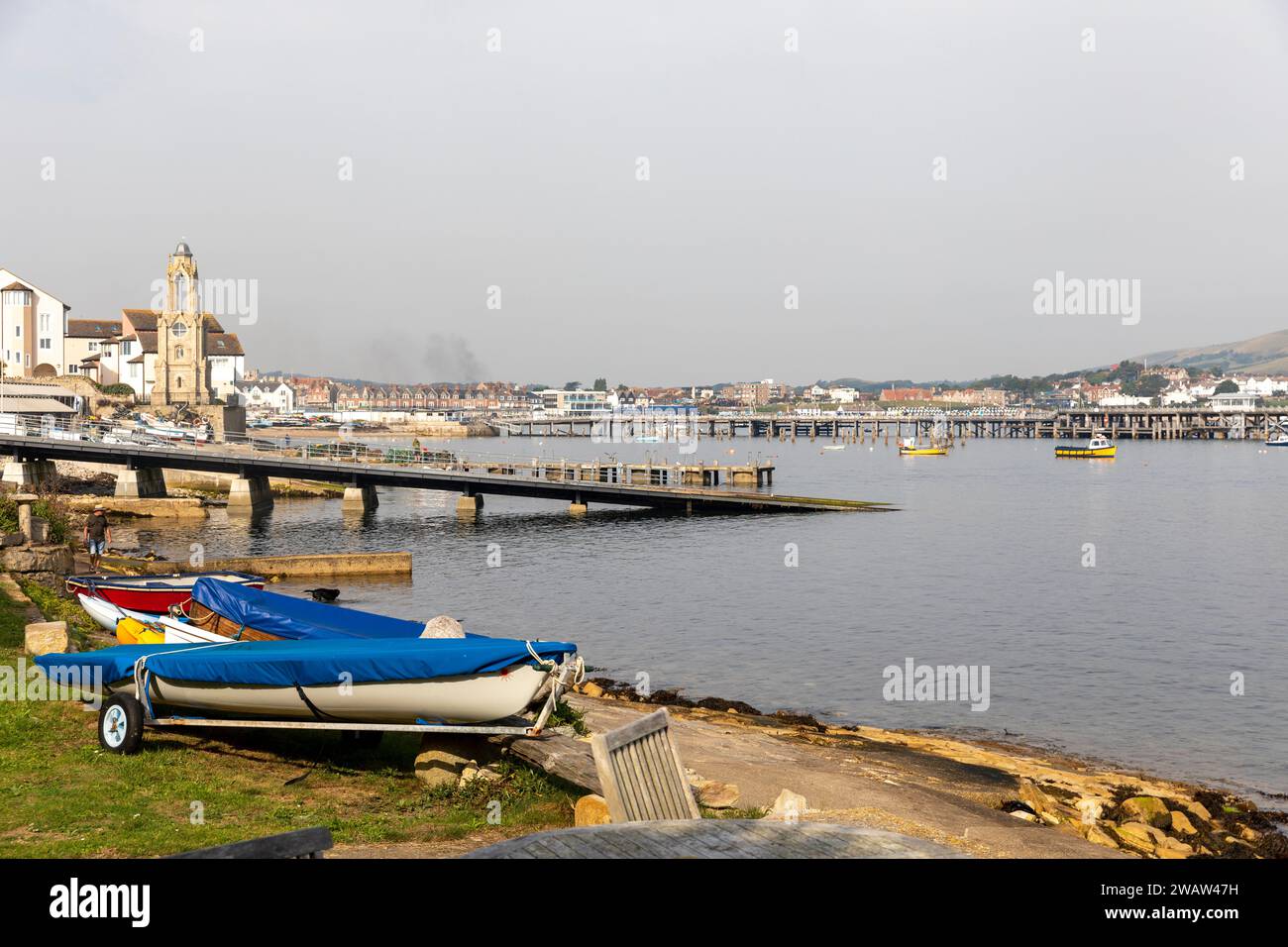 Swanage town centre and coastline on Swanage bay, Dorset,Engl;and,UK ...