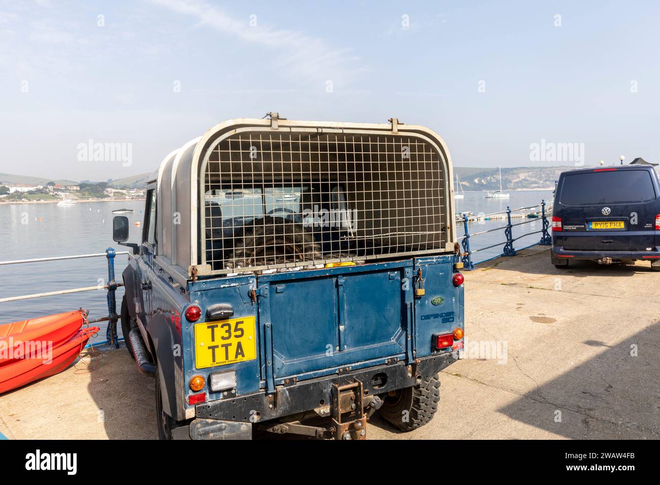 Land Rover Defender 90 model TD5 parked on Swanage pier, Dorset,England ...