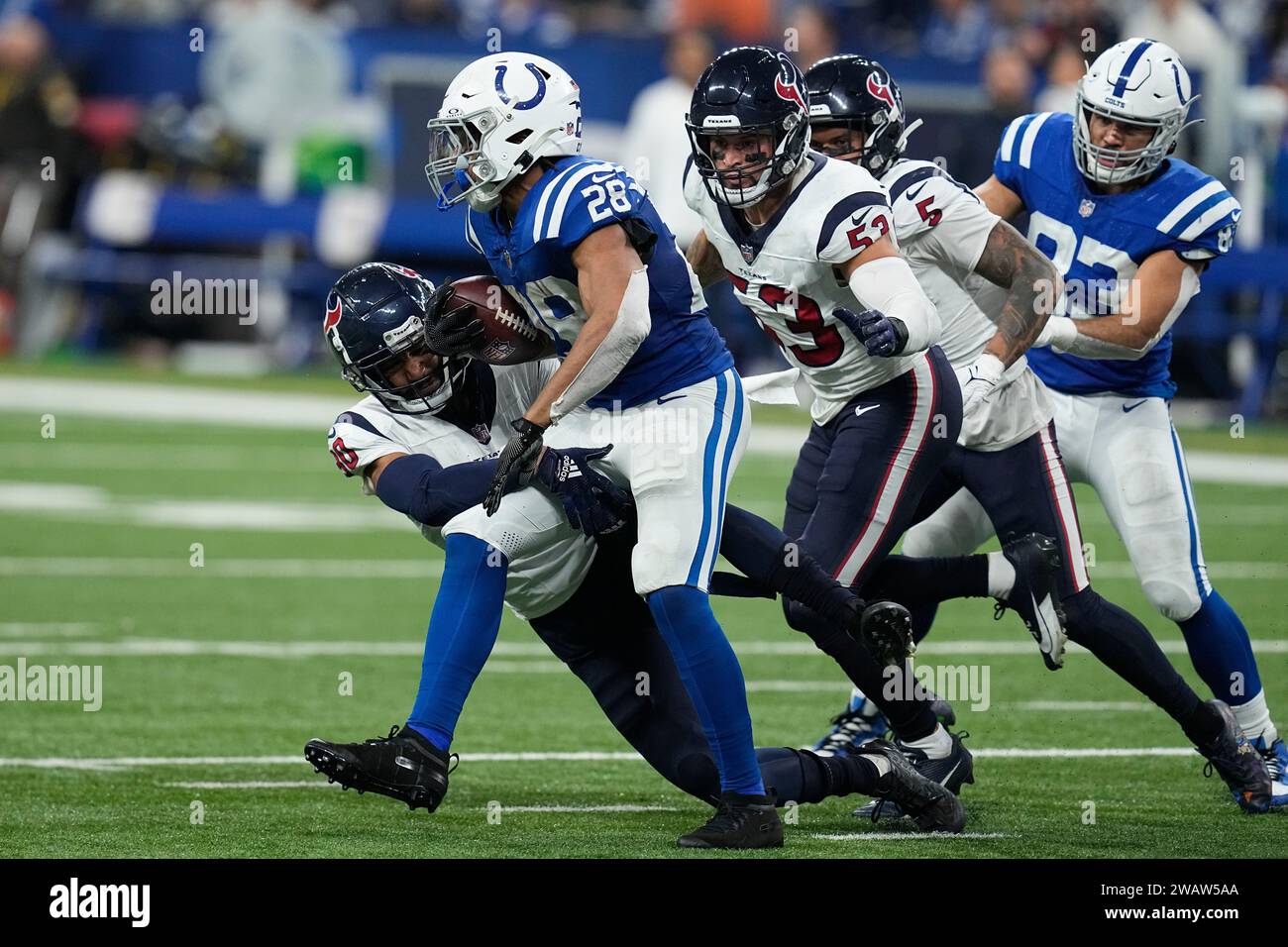 Indianapolis Colts running back Jonathan Taylor (28) is tackled by ...