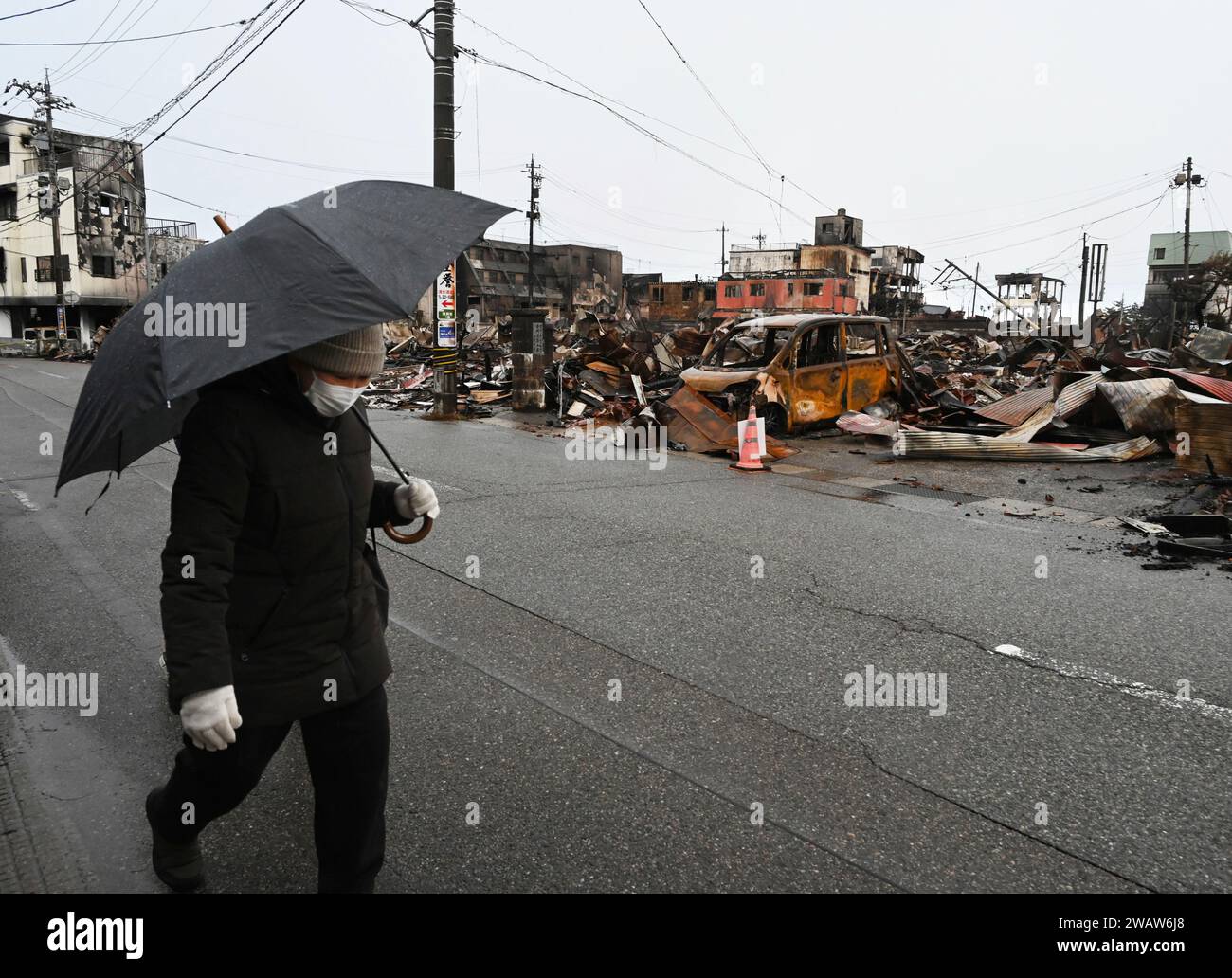 A photo shows a burnt area due to a massive earthquake in Wajima City ...
