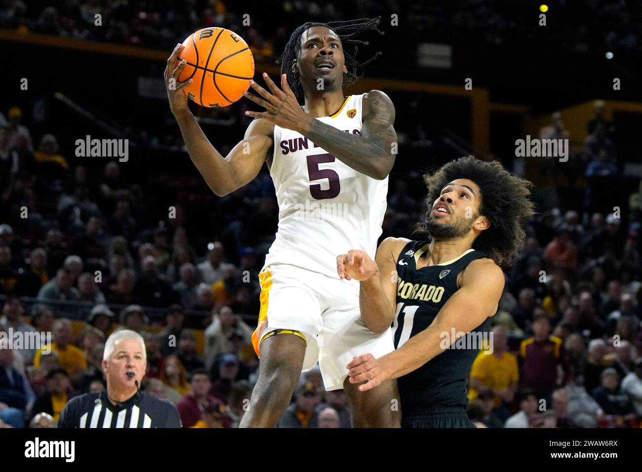Arizona State guard Jamiya Neal (5) shoots over Colorado guard Javon ...