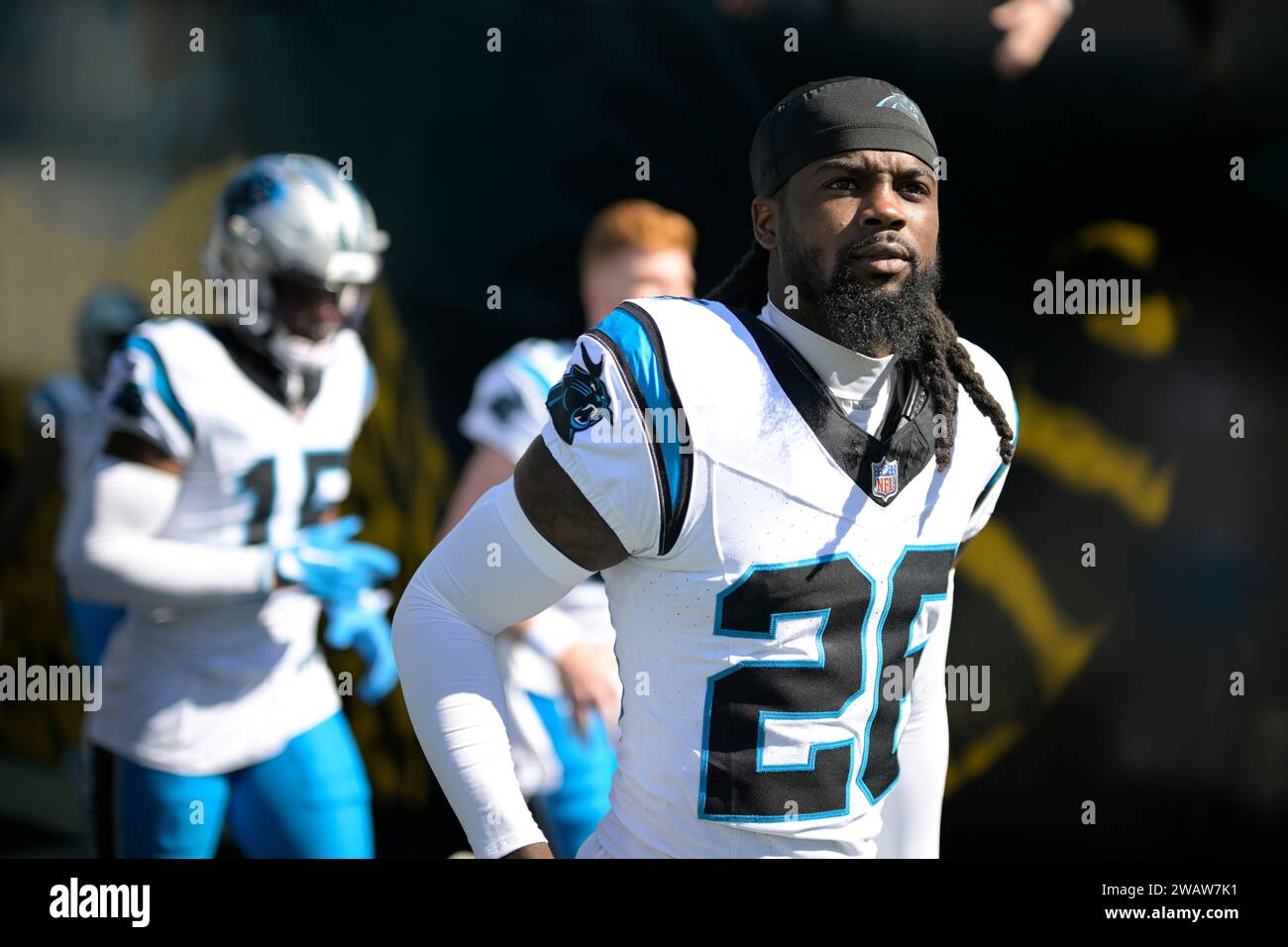 Carolina Panthers cornerback Donte Jackson (26) heads to the field an ...