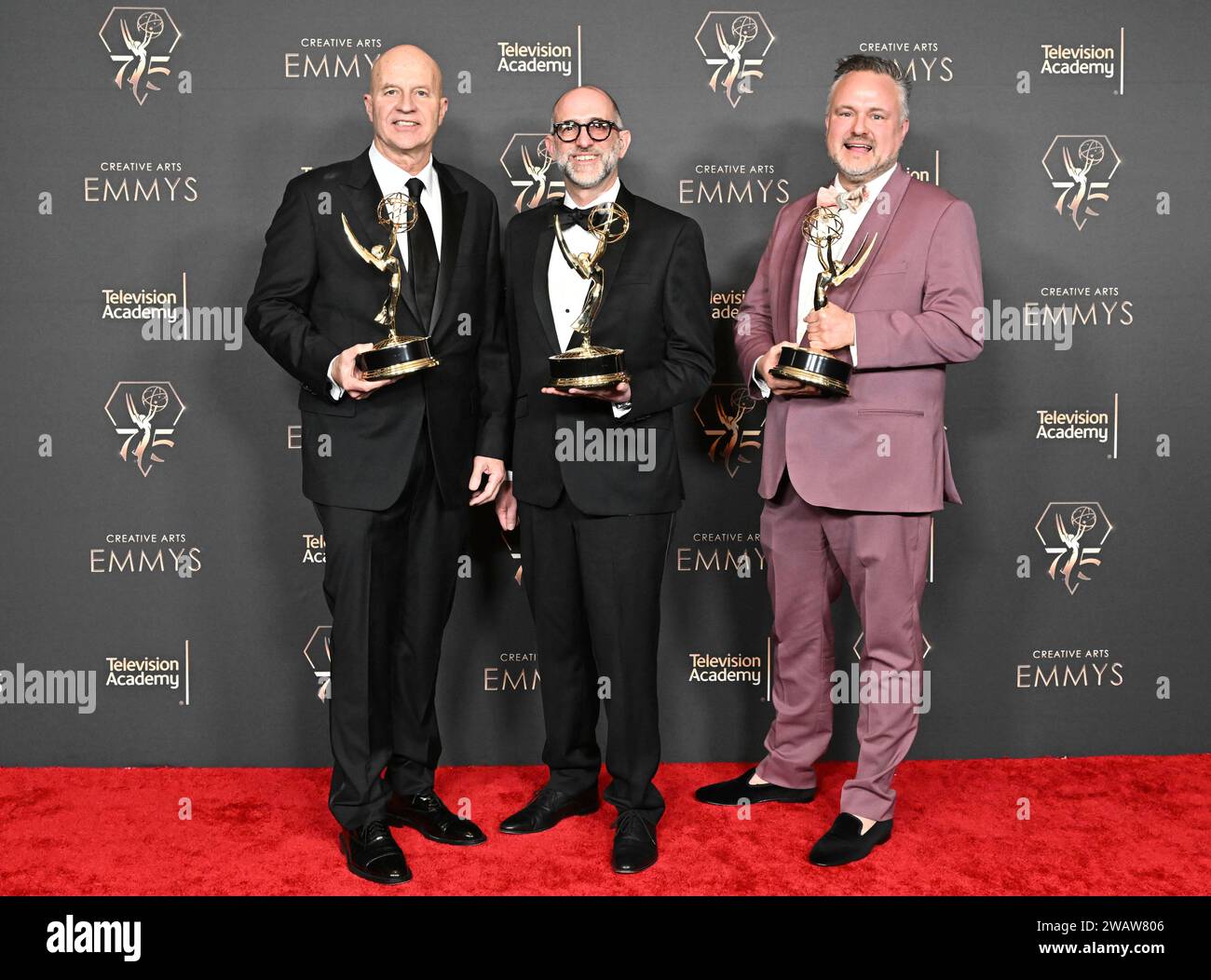 Patrick Howe, from left, Jordan Jacobs, and Rich Murray with their Emmy ...