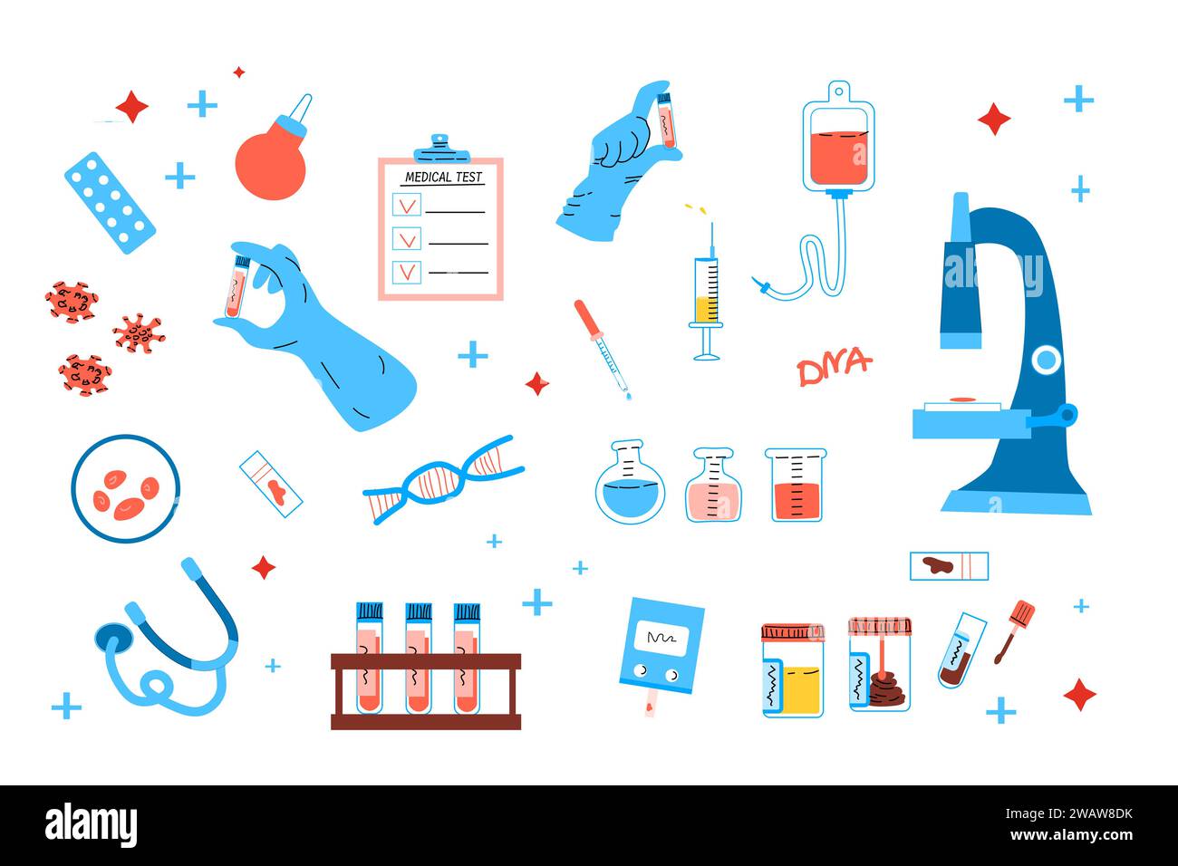 cartoon medical test background in blue and red colors. Vector ...
