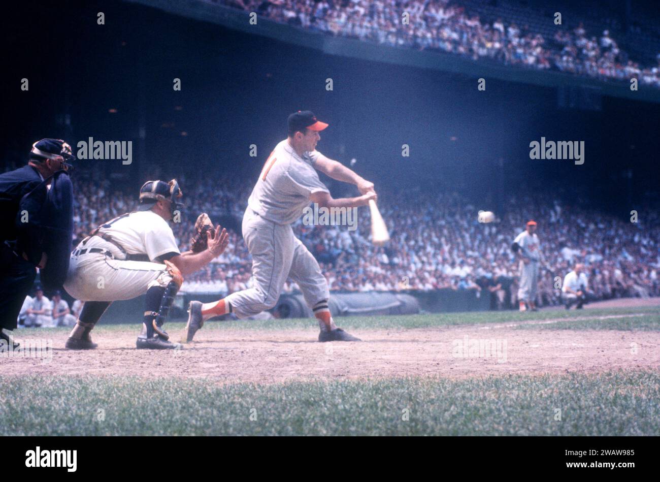 DETROIT, MI - JUNE 28: Gus Triandos #11 of the Baltimore Orioles swings ...