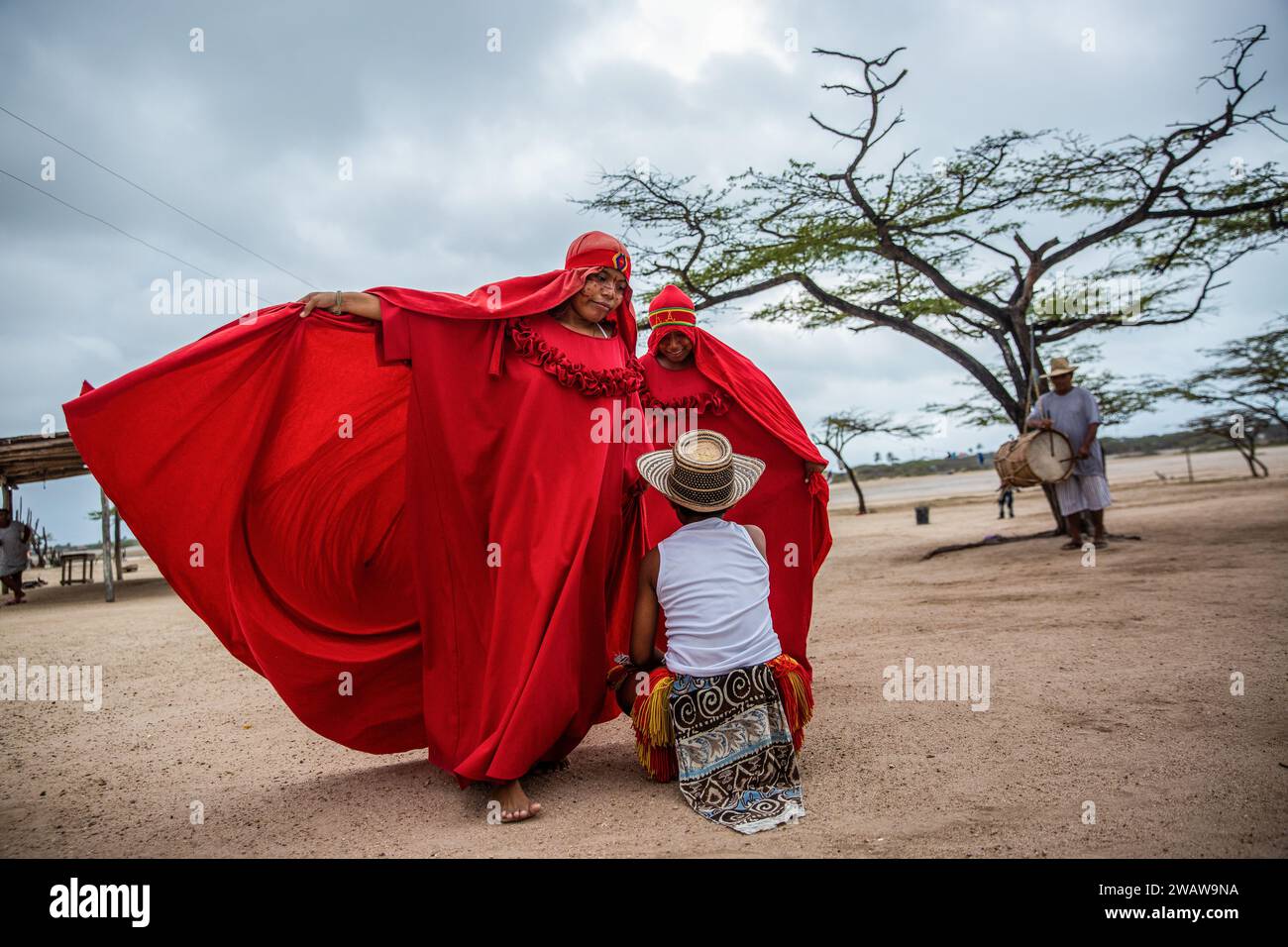 Wayuu girls are dancing around a Wayuu boy during the Yonna traditional ...