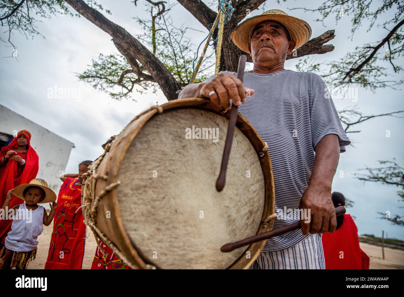 April 30, 2023, Rioacha, La Guajira, Colombia: An elderly man plays a ...