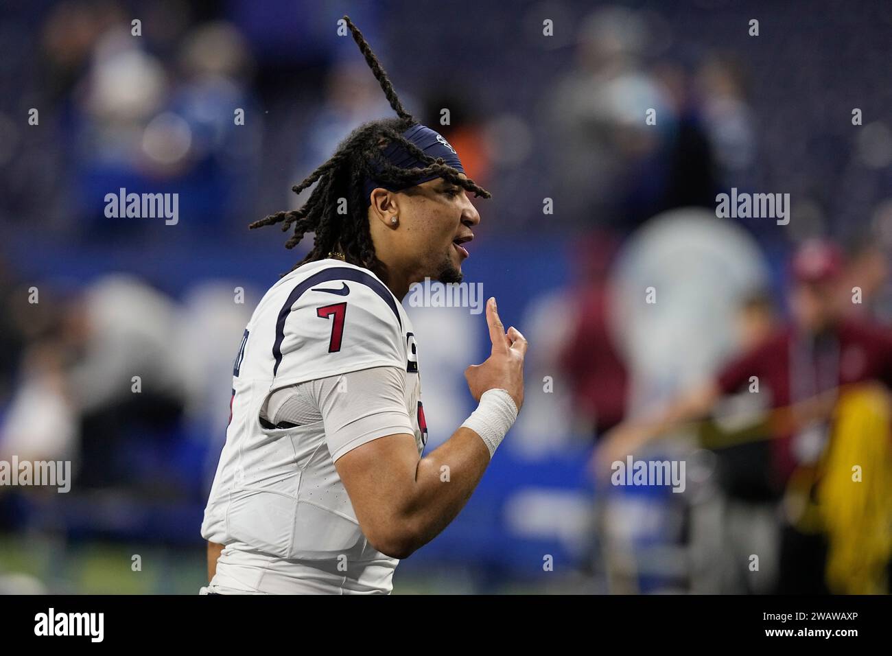 Houston Texans quarterback C.J. Stroud (7) runs off the field after a win over the Indianapolis ...