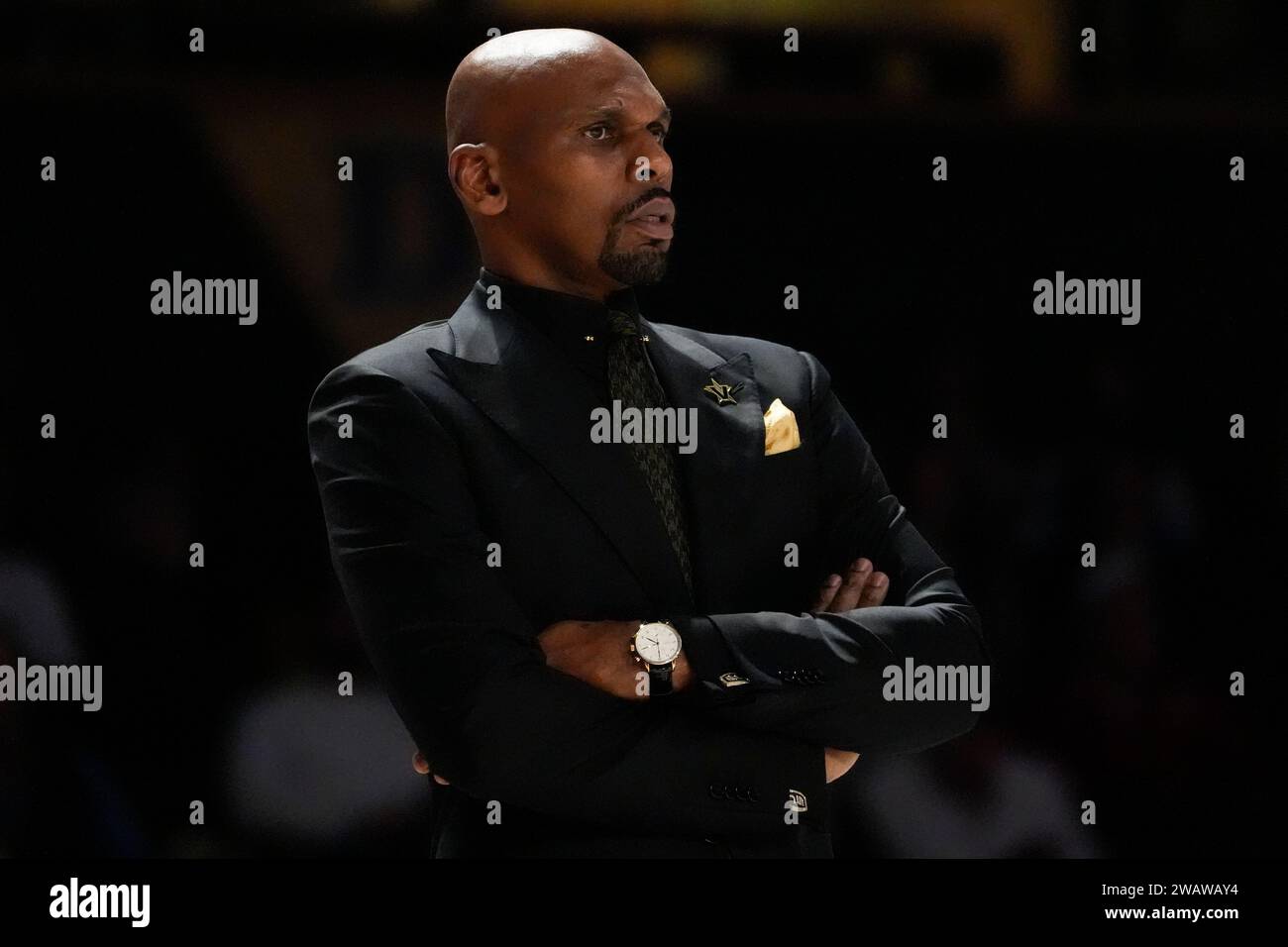 Vanderbilt head coach Jerry Stackhouse looks out onto the court during ...