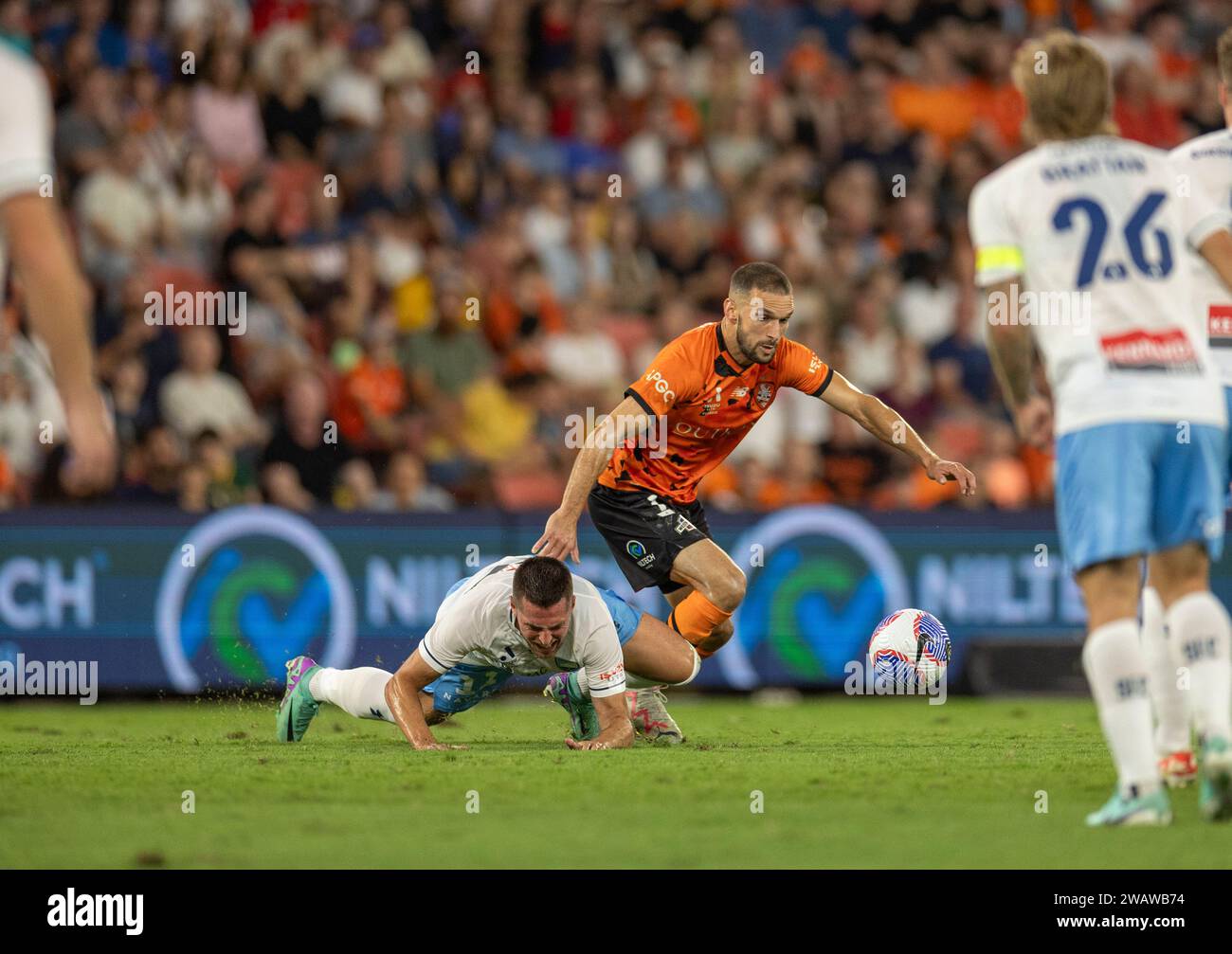 Brisbane, Australia. 6th Jan 2024. Robert Mak (11 Sydney FC) and Jack ...