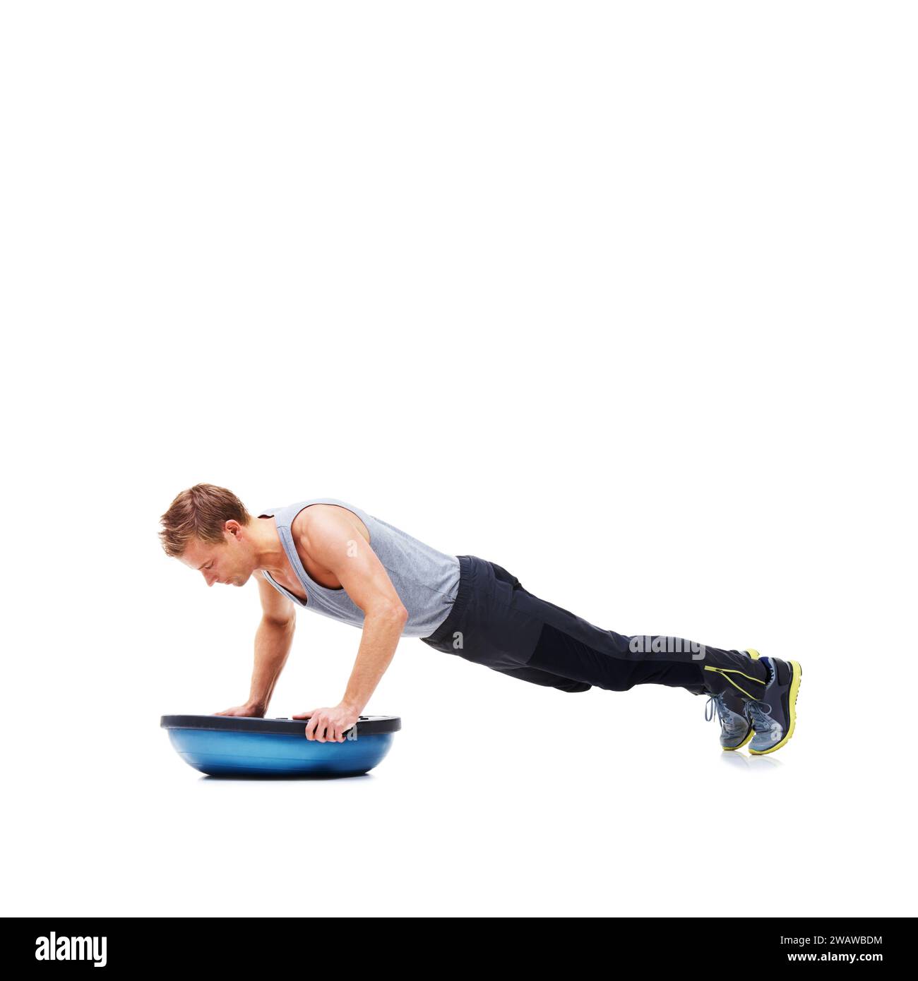 Balance, exercise and man with bosu ball in workout, core training and ...