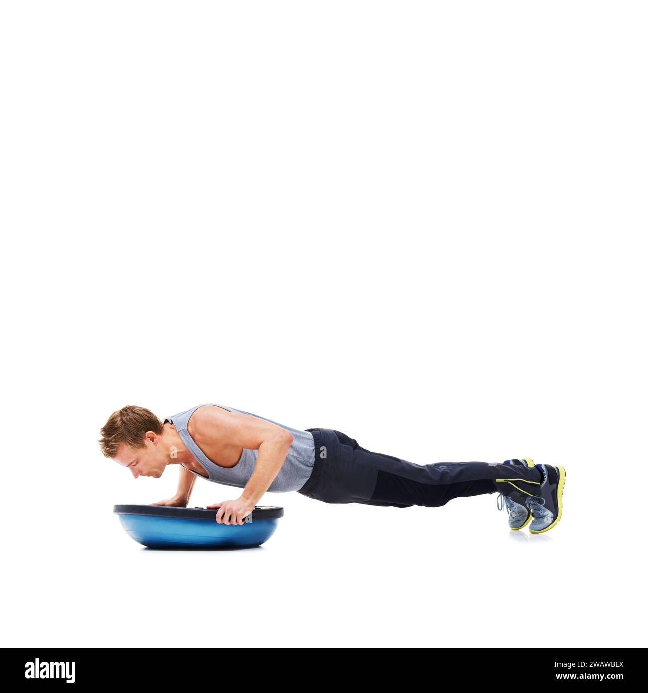 Man, exercise and push ups with bosu ball for fitness, workout or ...