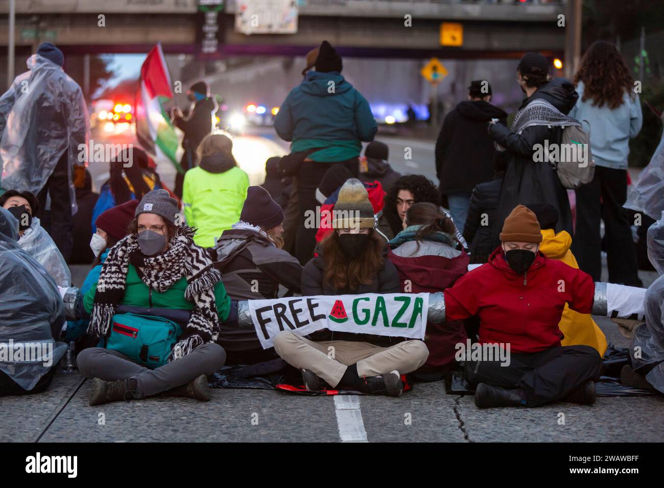 Seattle, Washington, USA. 6th January, 2024. Protestors block ...