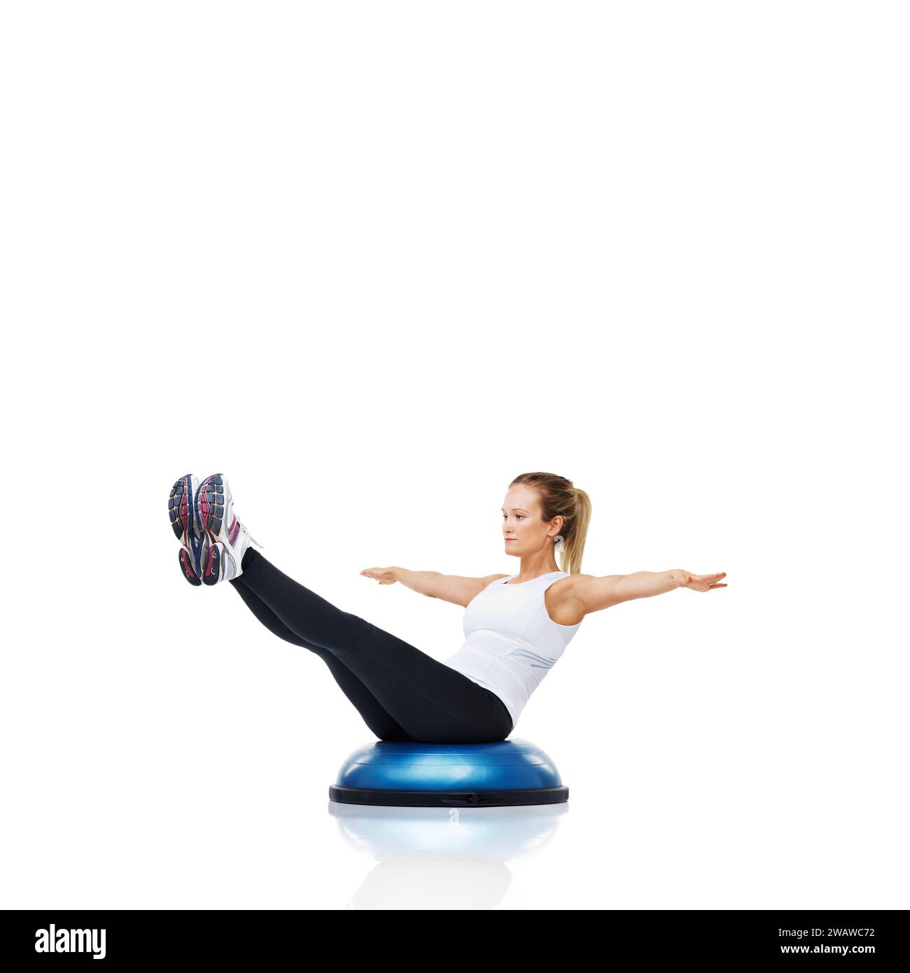 Balance, workout and woman with bosu ball for exercise, core training ...